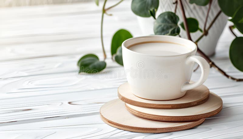 Stylish Cup Coasters on White Wooden Table Stock Photo - Image of ...