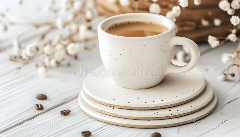 Stylish Cup Coasters on White Wooden Table Stock Image - Image of ...