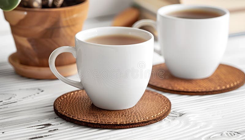 Stylish Cup Coasters on White Wooden Table Stock Photo - Image of drink ...