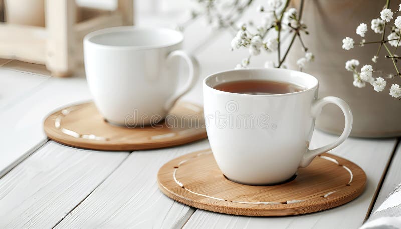 Stylish Cup Coasters on White Wooden Table Stock Photo - Image of ...