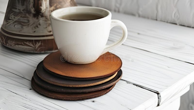 Stylish Cup Coasters on White Wooden Table Stock Image - Image of ...