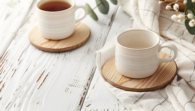 Stylish Cup Coasters on White Wooden Table Stock Photo - Image of ...