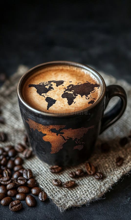 A Stylish Cup of Coffee Displays an Intricate World Map on Its Surface ...