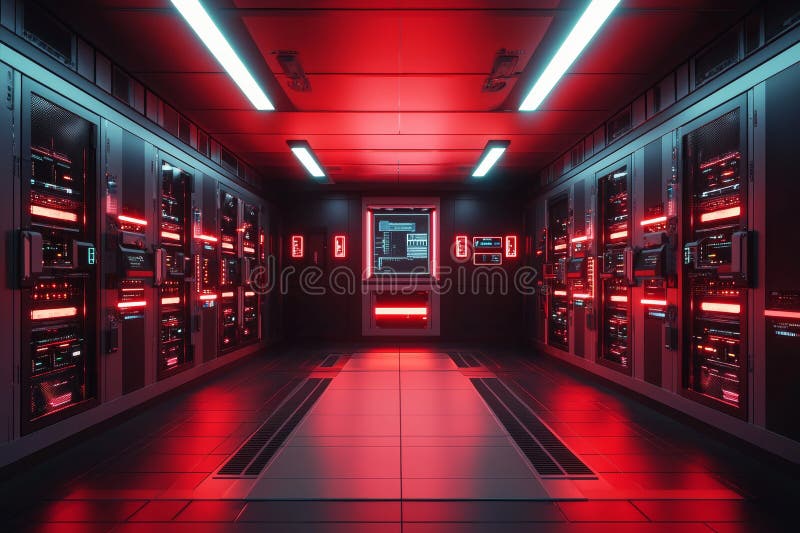Stylish Data Center with Red LED Lights, Server Racks, and Reflective ...