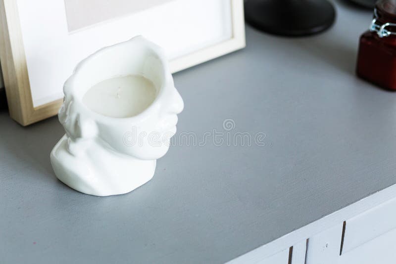 Stylish David Bust Candle on Gray Table Stock Image - Image of detail ...