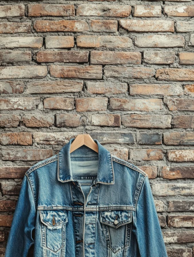 Stylish Denim Jacket Hanging on Rustic Brick Wall with Space for ...