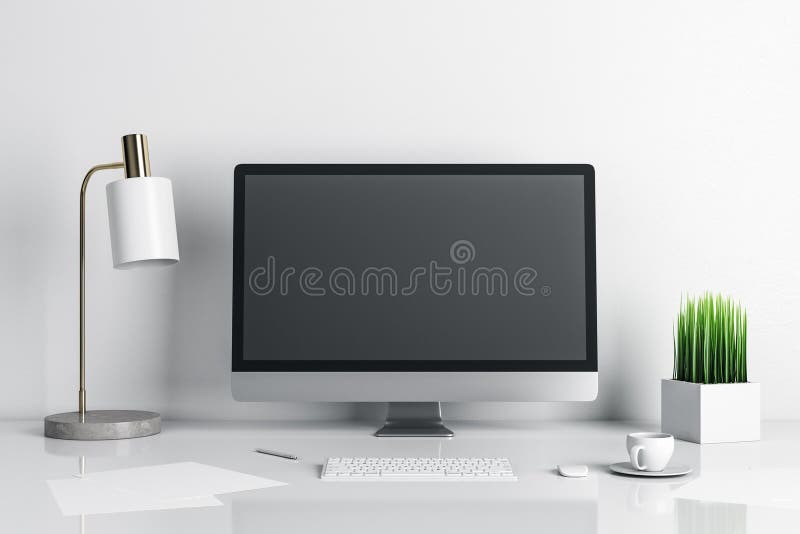Stylish Designer Desktop with Empty Computer Screen and Lamp on Table ...