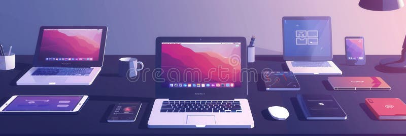 A Stylish Desk with Multiple Modern Laptops and Tablets, Each ...