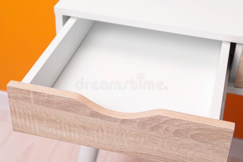 Stylish Desk with Open Empty Drawer in Office, Closeup Stock Photo ...