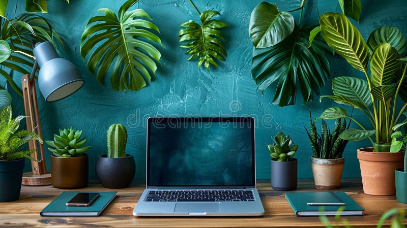 Stylish Desk Setup Showcases Laptop among Indoor Plants Stock Image ...