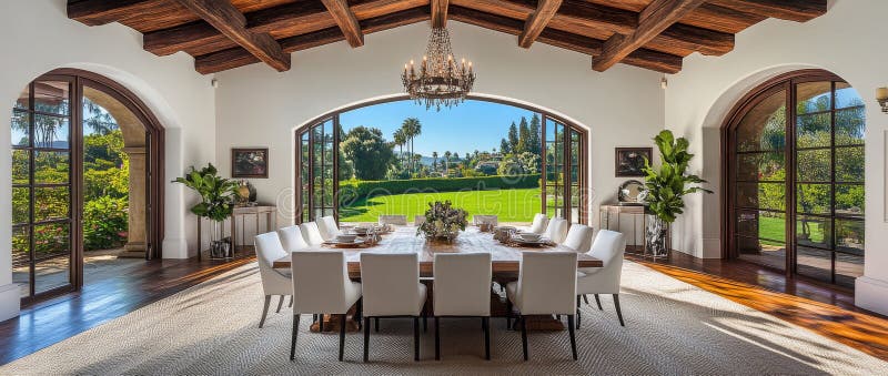 Stylish Dining Area with Arched Windows Overlooking the Garden Stock ...