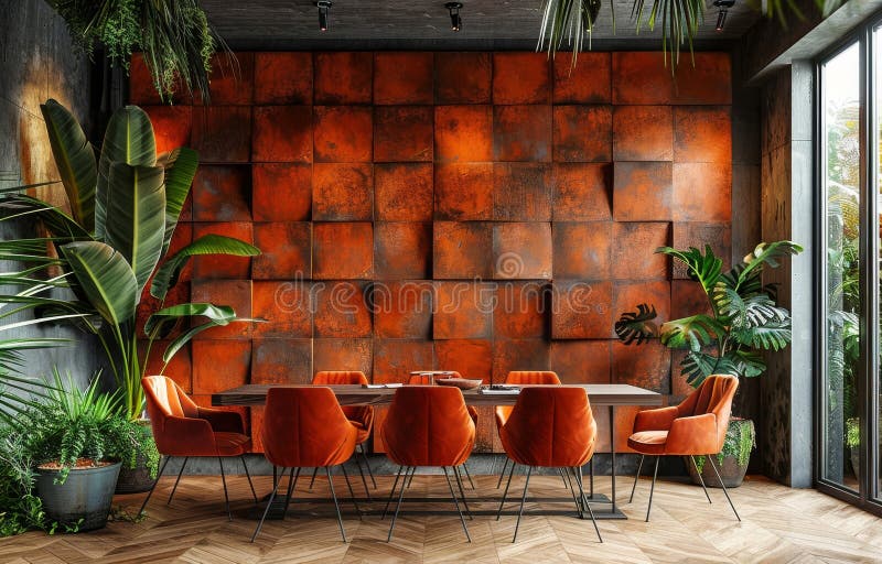 Modern Dining Room with Rustic Clay-colored Walls and Vibrant Orange ...
