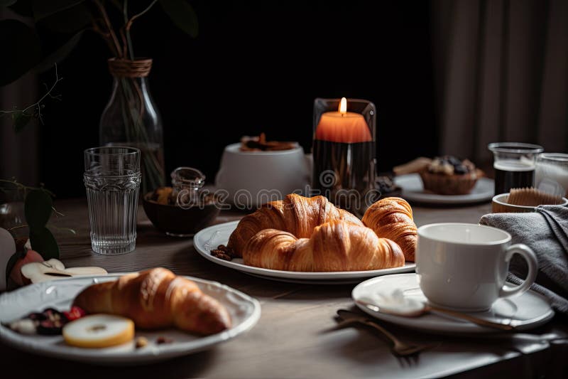 Stylish Dining Table Setting with Cup of Coffee and Pastries for ...