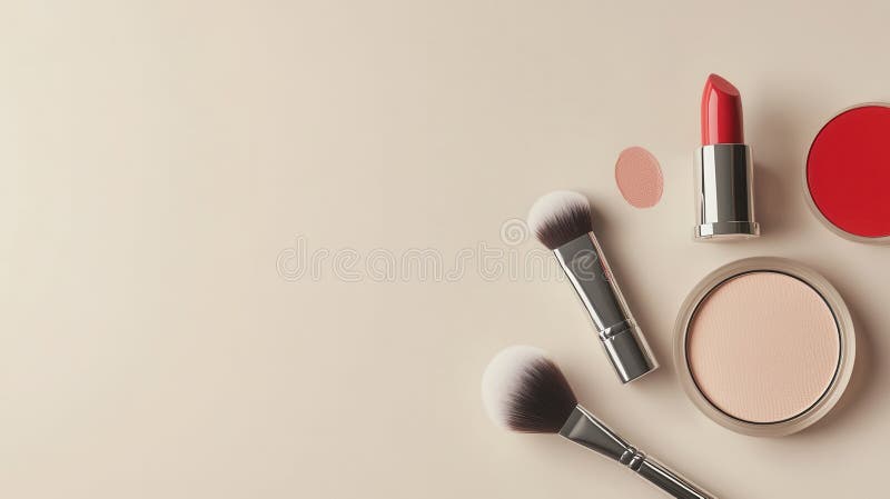 A Stylish Display of Essential Cosmetics Featuring Lipstick, Brushes ...