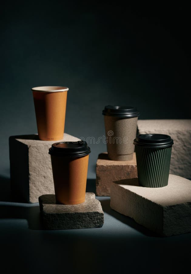 Stylish Disposable Coffee Cups Arranged on Stone Blocks in a Dramatic ...