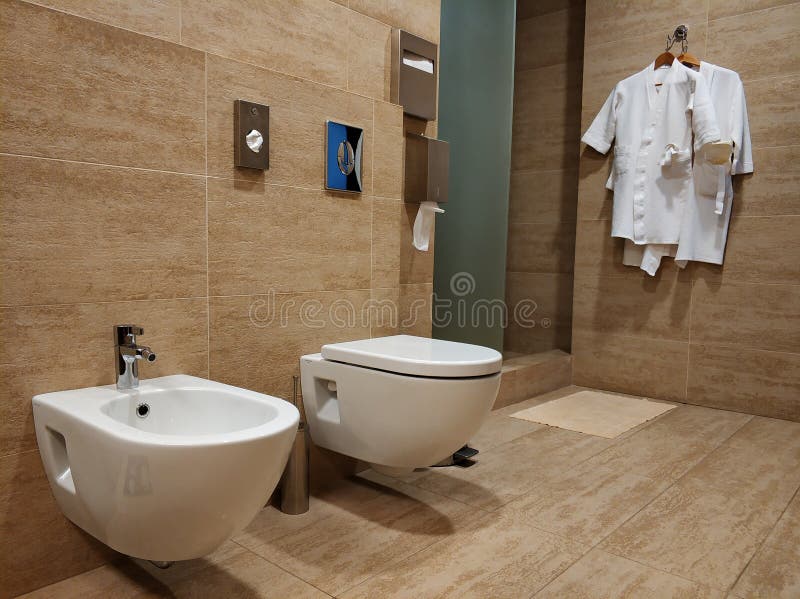 Stylish Dressing Room with Bidet. Beige Tiles Stock Image - Image of ...