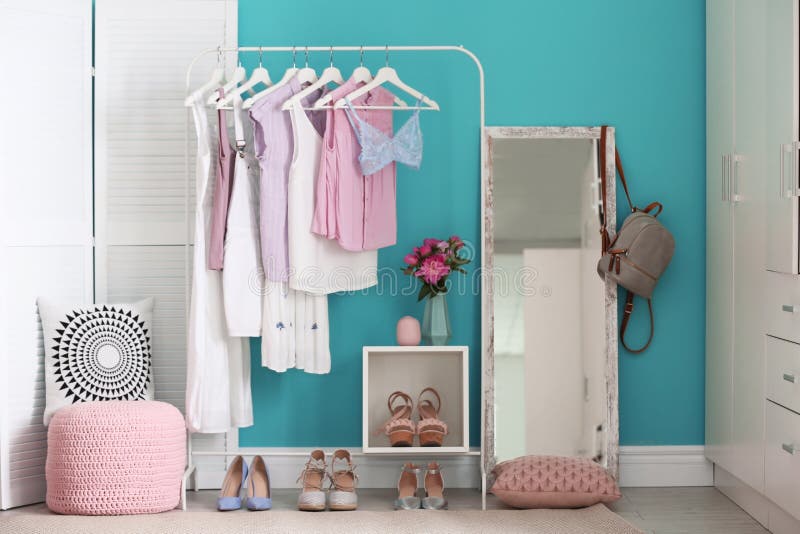 Stylish Dressing Room Interior with Clothes Rack Stock Image - Image of ...