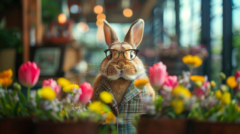 Stylish Easter Bunny with Glasses Surrounded by Colorful Spring Flowers ...