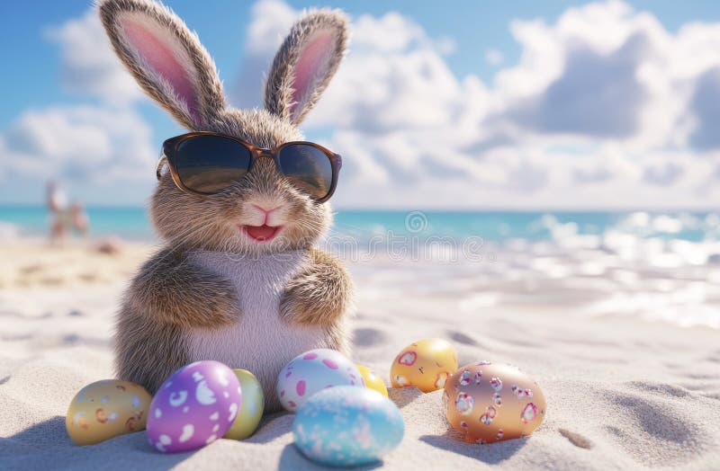 A Stylish Easter Bunny Wearing Glasses, with Easter Eggs Spread Across ...