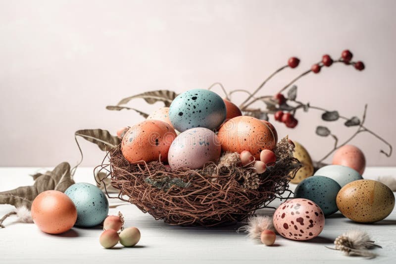 A Stylish Easter Display Featuring a Basket Overflowing with Colorful ...