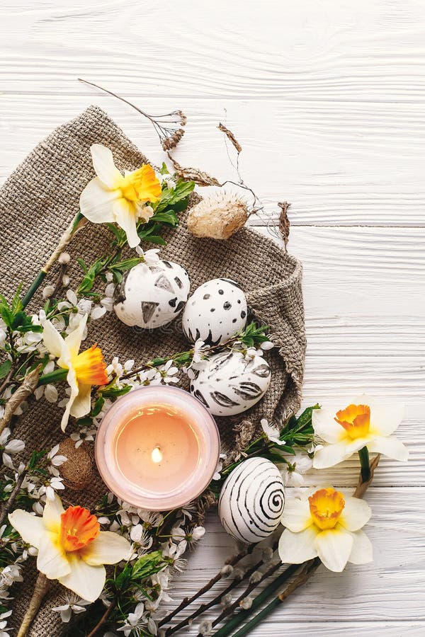 Stylish Easter Flat Lay. Painted Easter Eggs Black and White Col Stock ...