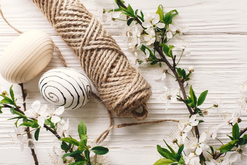 Stylish Easter Rustic Flat Lay. Painted Easter Eggs Black and White ...