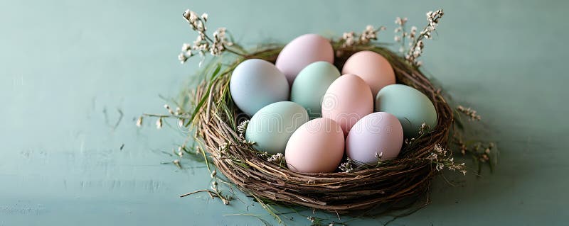 Stylish Easter Template Featuring a Rustic Nest of Pastel Eggs on Pale ...