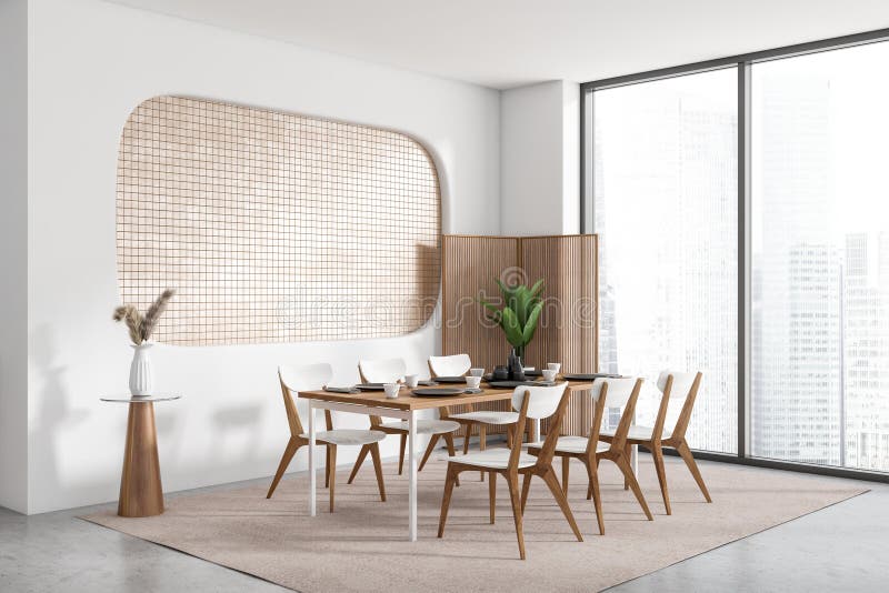 Stylish Eating Room Interior with Table and Seats, Panoramic Window ...