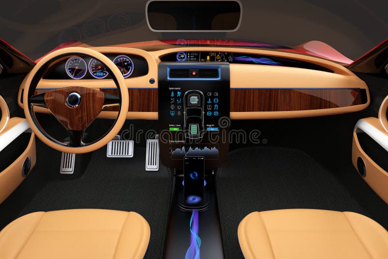 Stylish Electric Car Interior With Luxury Wood Pattern Decoration ...
