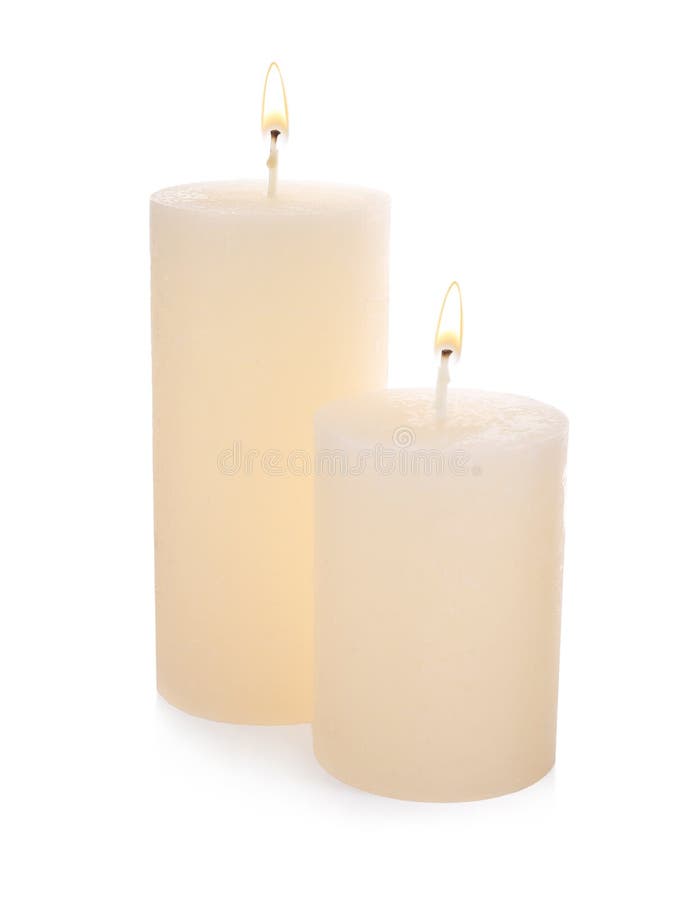 Stylish Elegant Beige Candles on White Background Stock Image - Image ...