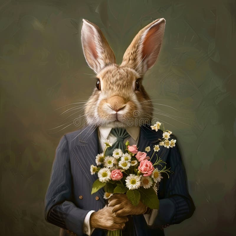 Stylish Elegant Easter Bunny in a Jacket Suit Holding Bouquet of ...