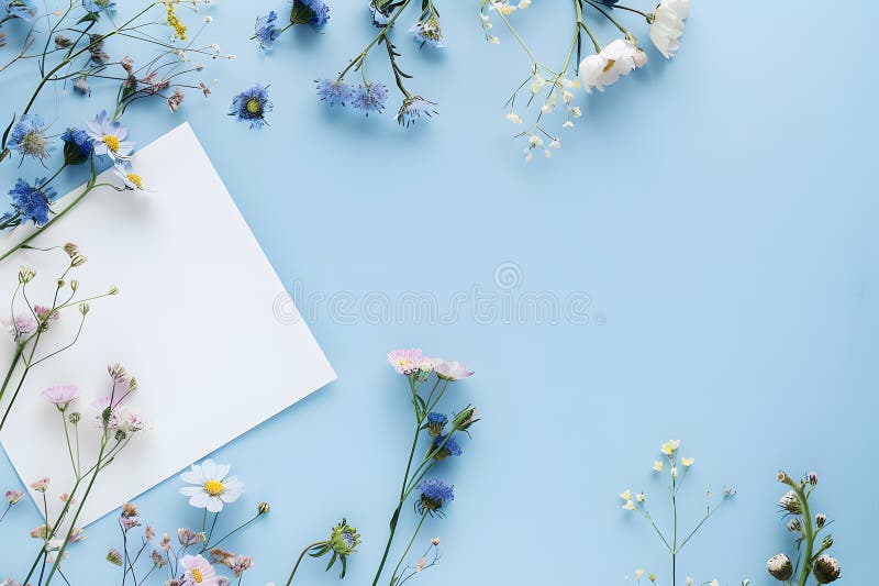 Stylish Elegant Flat Lay Blue Floristic Greeting Invitation Post Card ...