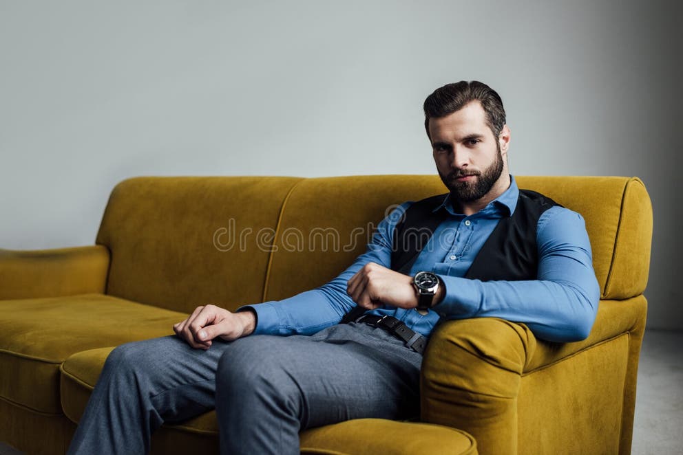 Stylish Elegant Man Sitting on Yellow Stock Image - Image of bearded ...