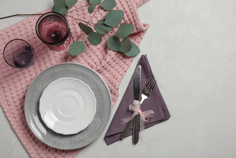 Stylish Elegant Table Setting on Light Background, Top View Stock Image ...