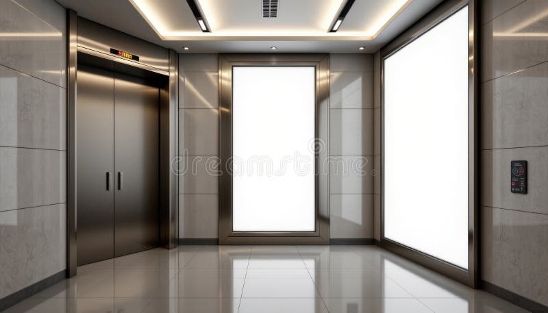 Stylish Elevator Lobby with Metallic Finishes and Spacious Design ...