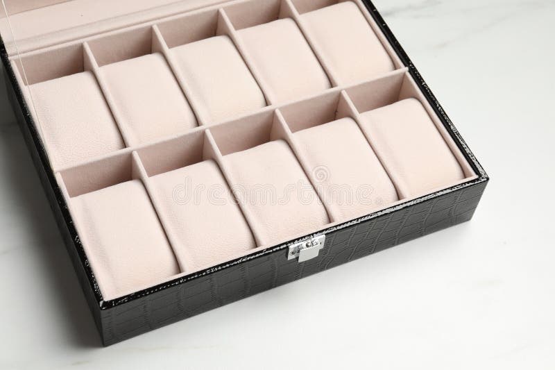 Stylish Empty Jewelry Box on White Marble Table, Closeup Stock Photo ...