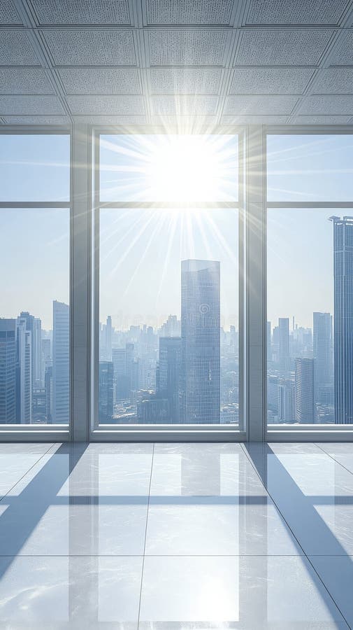 Stylish Empty Office with a Sunlit Cityscape Backdrop Stock ...