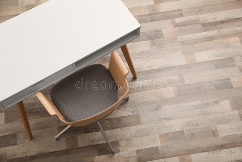 Stylish Empty Wooden Table and Armchair Indoors, Top View. Space for ...