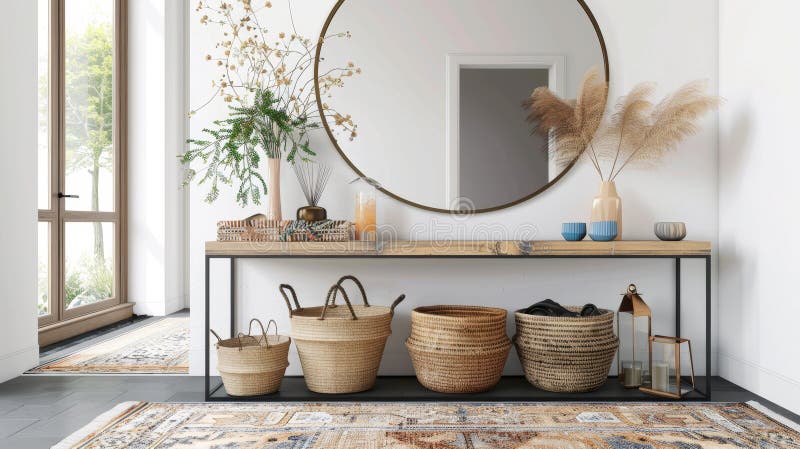 A Stylish Entryway Featuring a Modern Console Table, a Large Round Mirror, Decorative Baskets ...