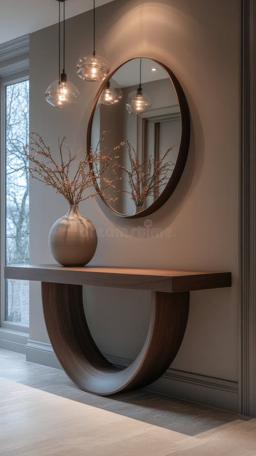 Elegant Modern Entryway Design Featuring a Unique Console Table with a ...