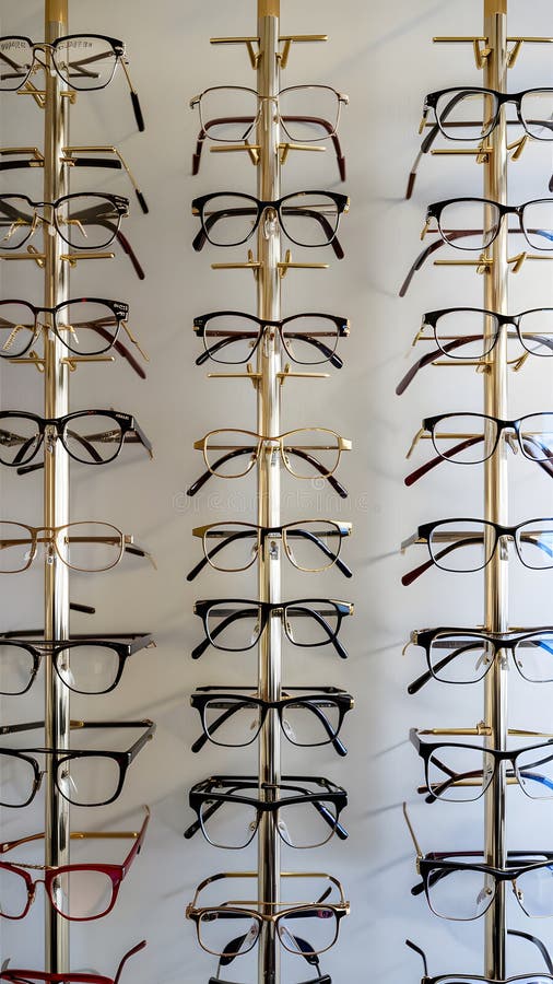 Stylish Eyeglasses Array on Vertical Racks Against Light Wall ...