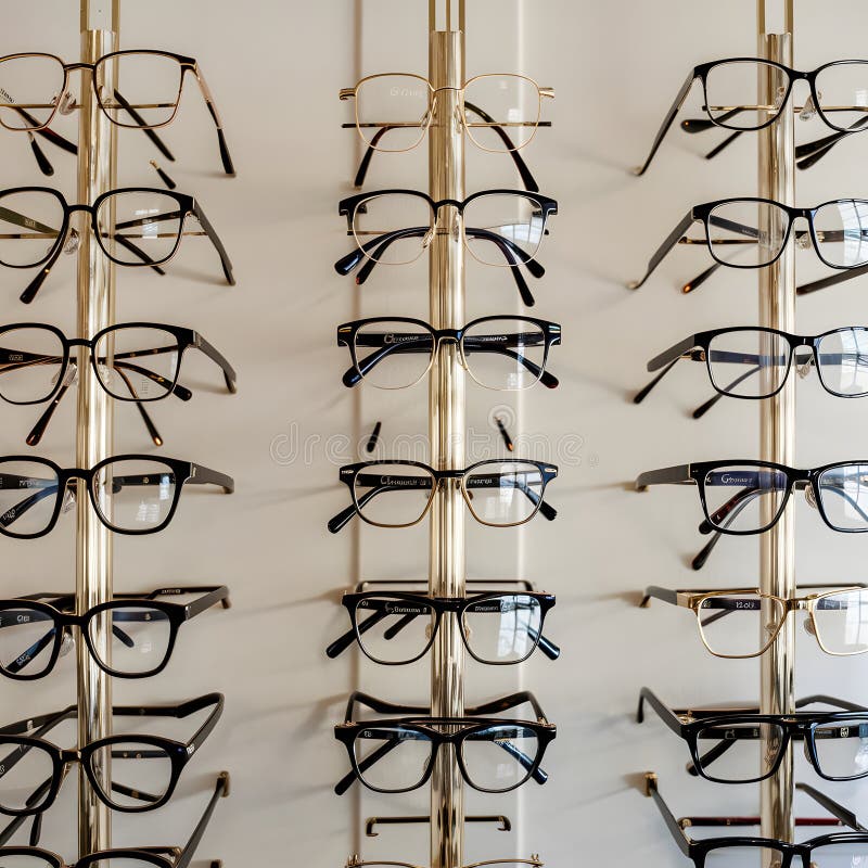Stylish Eyeglasses Array on Vertical Racks Against Light Wall ...