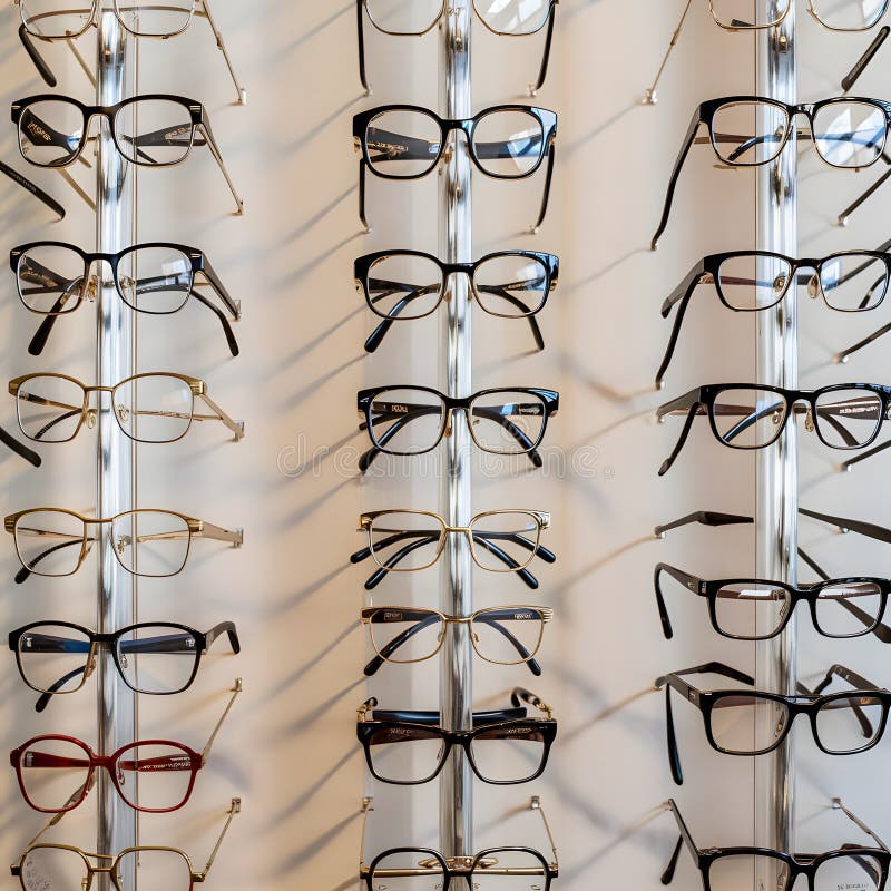 Stylish Eyeglasses Array on Vertical Racks Against Light Wall ...