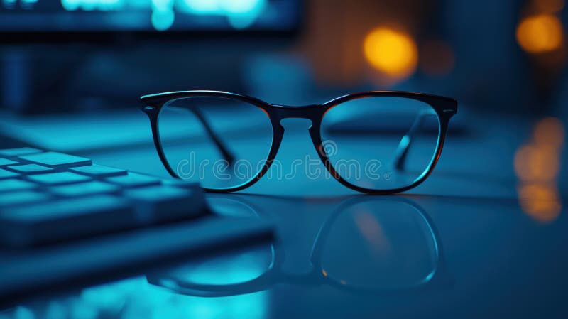 Stylish Eyeglasses on Reflective Desk at Night with Warm Ambient ...
