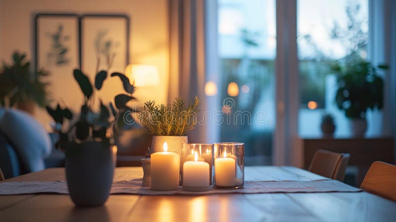 Stylish Family Dining Table with Candles and Plants.. Stock Image ...