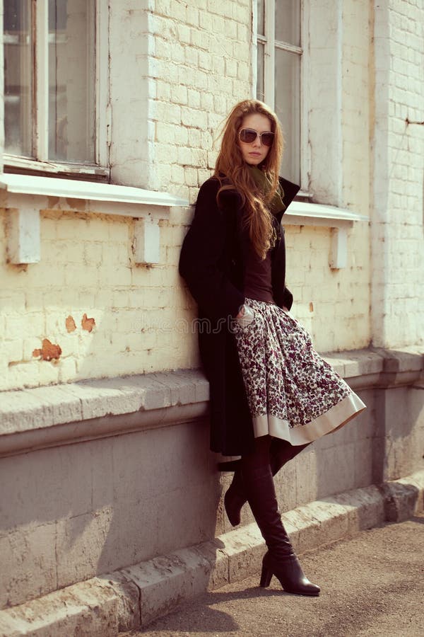 Stylish Fashion Model in a Black Coat Stock Photo - Image of graceful ...