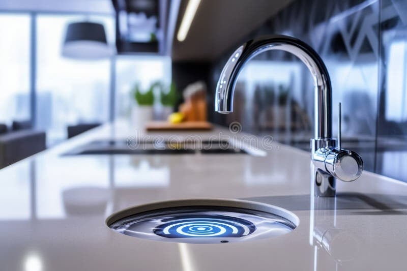 Modern Kitchen Faucet and Touch Control on a Sleek Countertop Stock ...