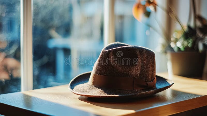 A Stylish Fedora Hat Resting on a Light Wooden Table Stock Illustration ...