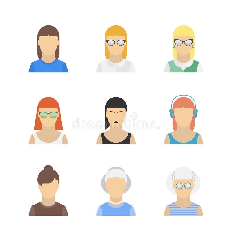 Cute Female Character Faces Flat Icons Stock Vector - Illustration of ...