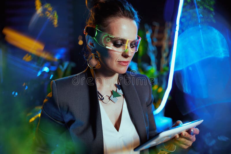 Stylish Female with Futuristic Goggles in Metaverse Stock Photo - Image ...